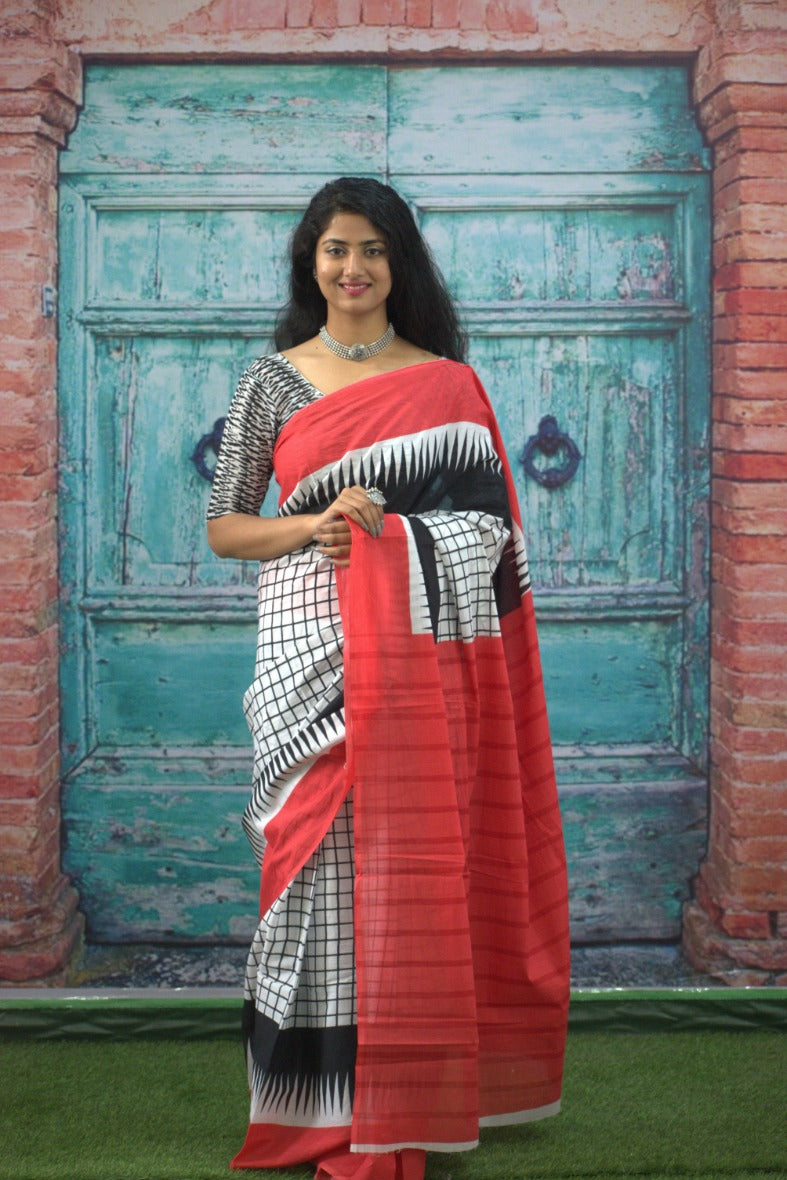 White With Black Checks Pattern With Red Border Cotton Saree – Aaditri fab