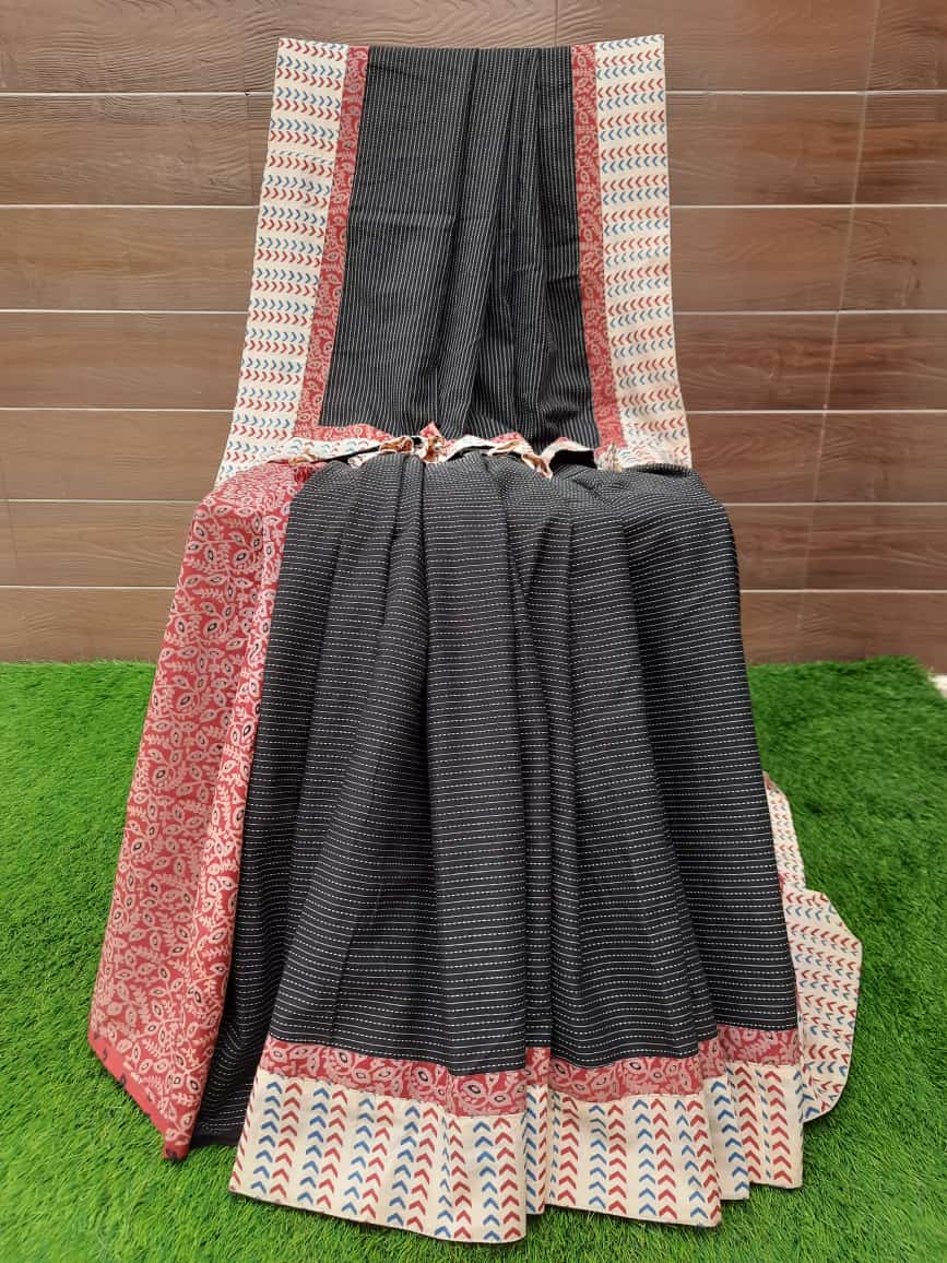 Beautiful Designer Handloom Cotton Black Color Katha Weaved Saree ...