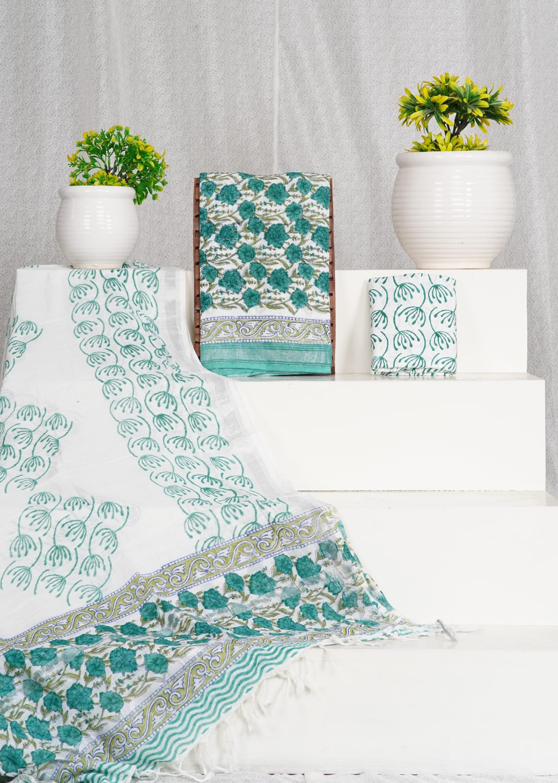 Firozi Color Pure Linen Hand Block Print With Zari Border Suit ...