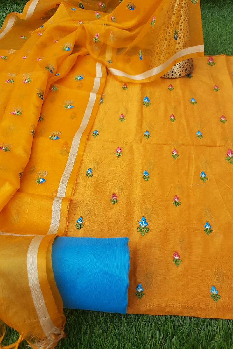 Yellow Beautiful Silk Embroidery Suits With Soft Organza Embroidery Wo ...